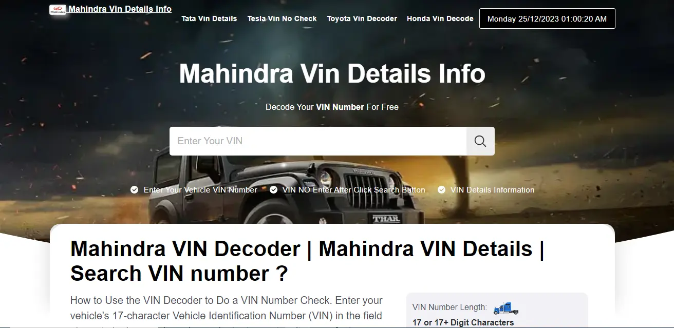 Mahindra VIN Number Decode | VIN number search of Mahindra